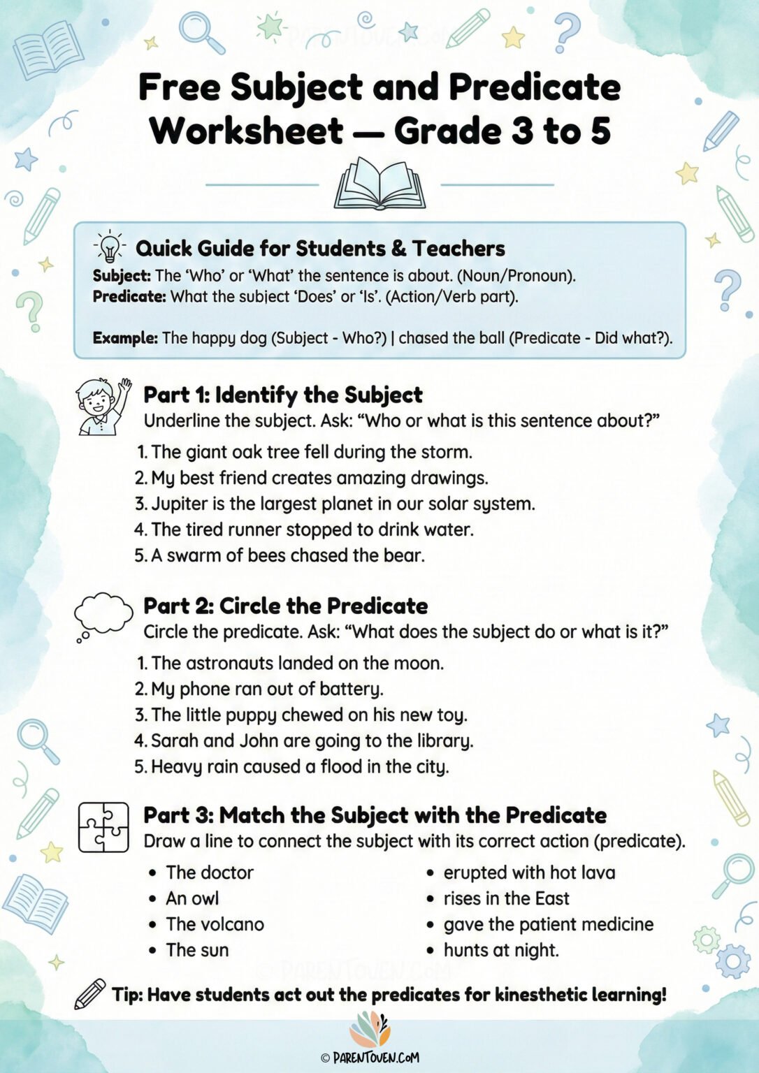 Free Subject & Predicate Worksheet (Grades 3-5) – Free Printable PDF ...